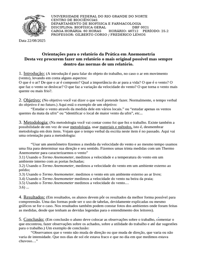 Orientao Relatorio Anemometria | PDF | Ferimento | Tempo