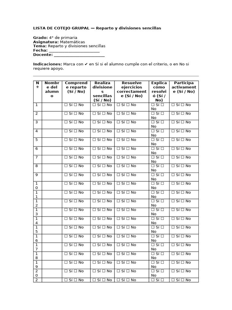 Lista de Cotejo Reparto y Divisiones Sencillas | PDF