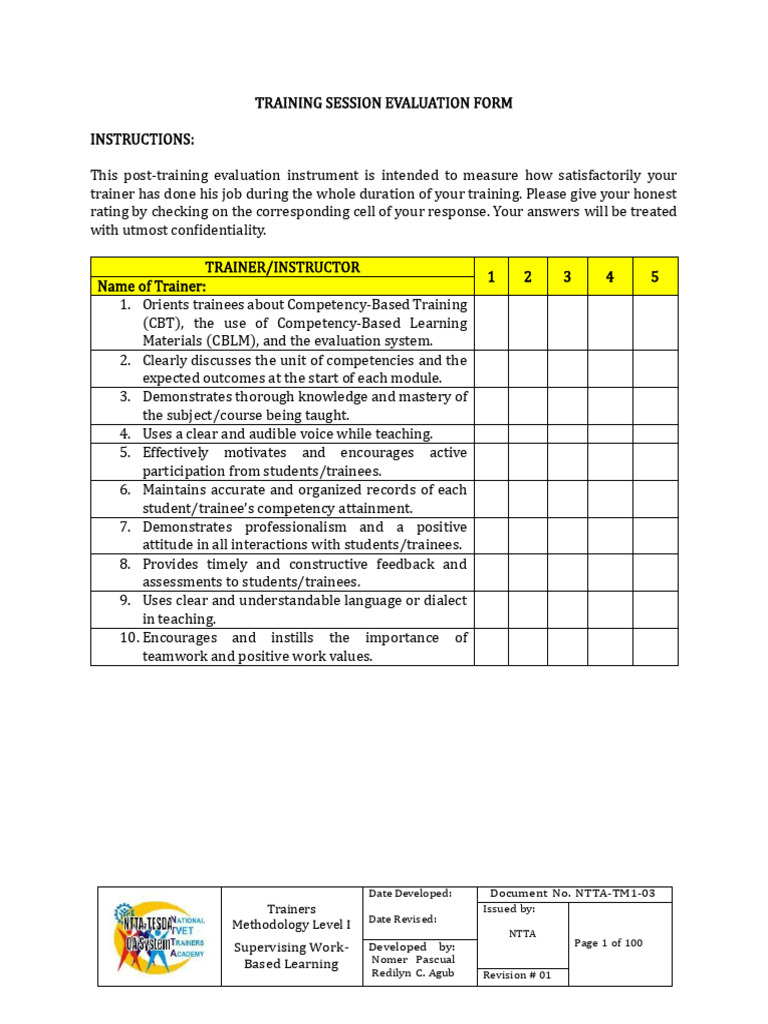 g2 (Training Session Evaluation Form) | PDF | Evaluation | Learning