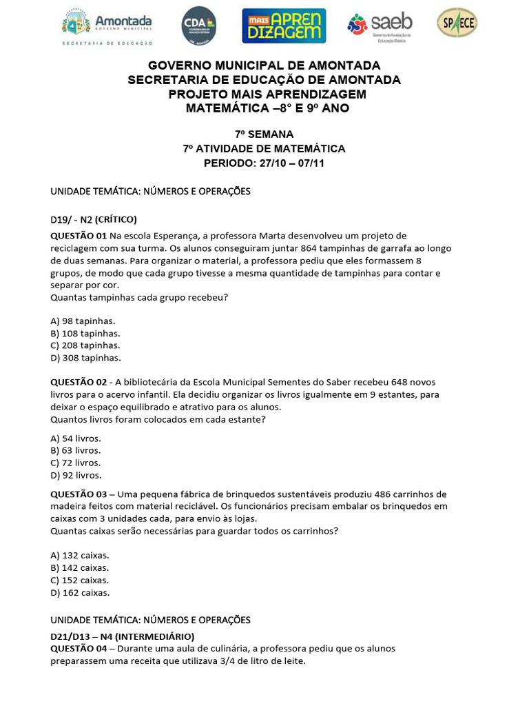 ATIV 1° QUINZENA DE NOVEMBRO DO 8° E 9° ANO | PDF