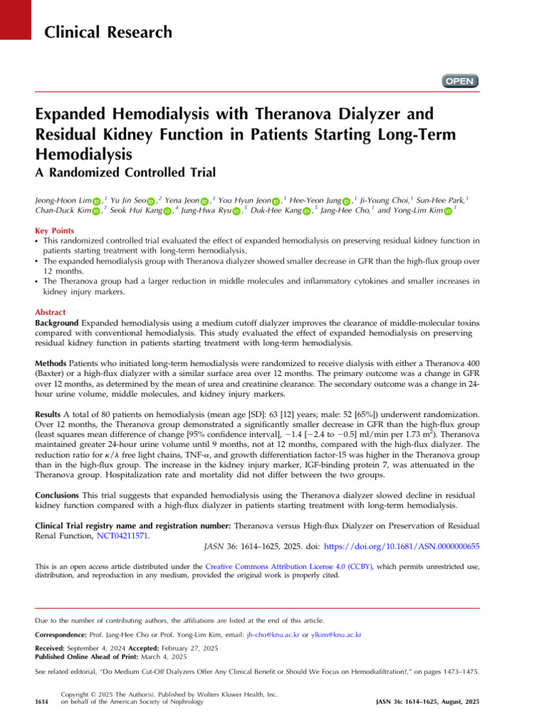 Expanded Hemodialysis With Theranova Dialyzer and.18 (1) | PDF ...