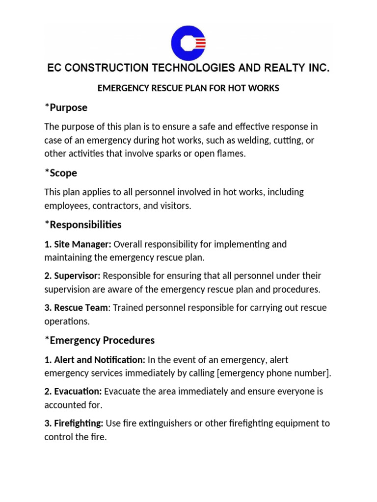 Emergency Rescue Plan For Hot Works | PDF | First Aid | Firefighting