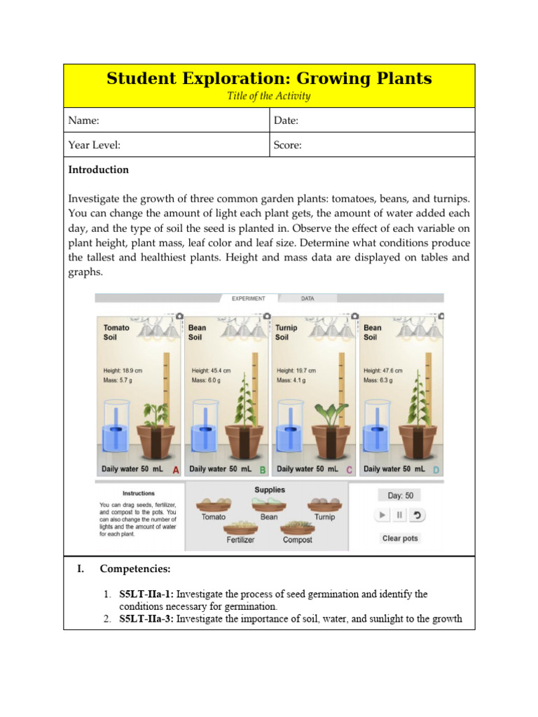 Worksheet 2.2.0 Plant Growth | PDF | Experiment | Hypothesis