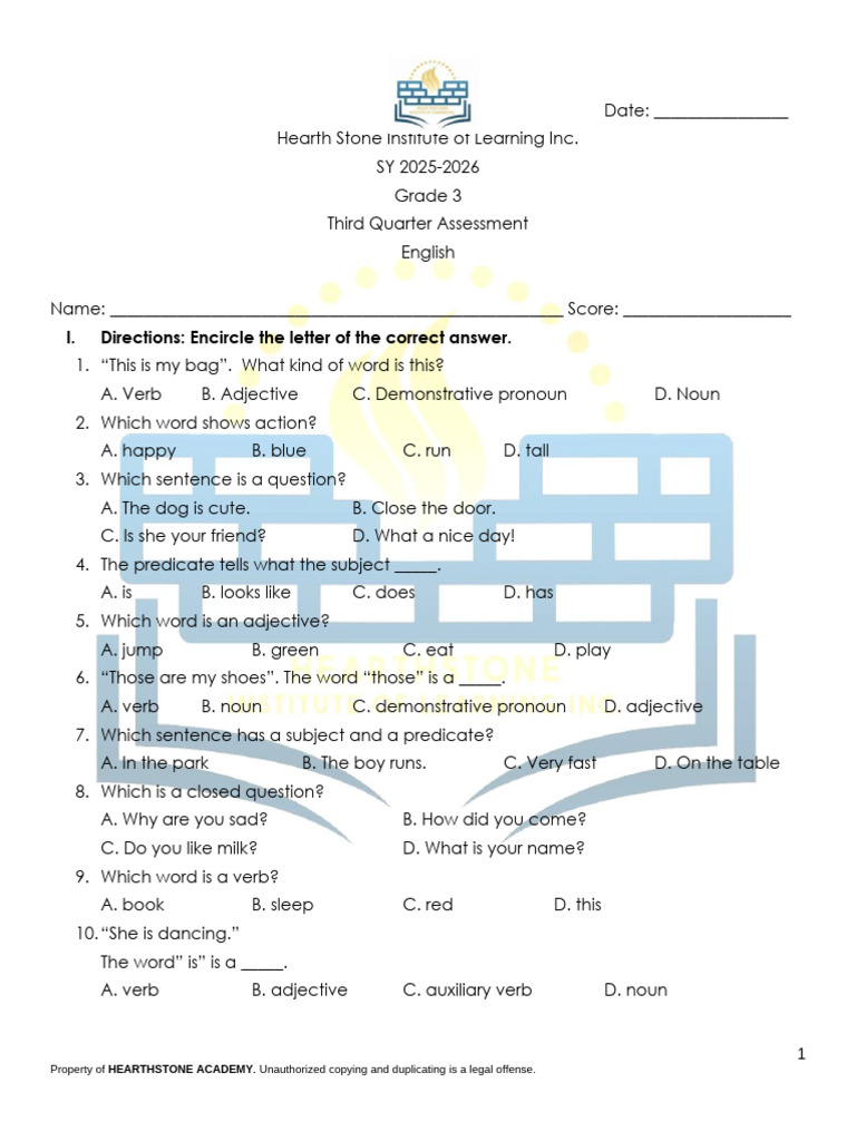 English 3 - 3rd Quarter Assessment | PDF | Verb | Subject (Grammar)