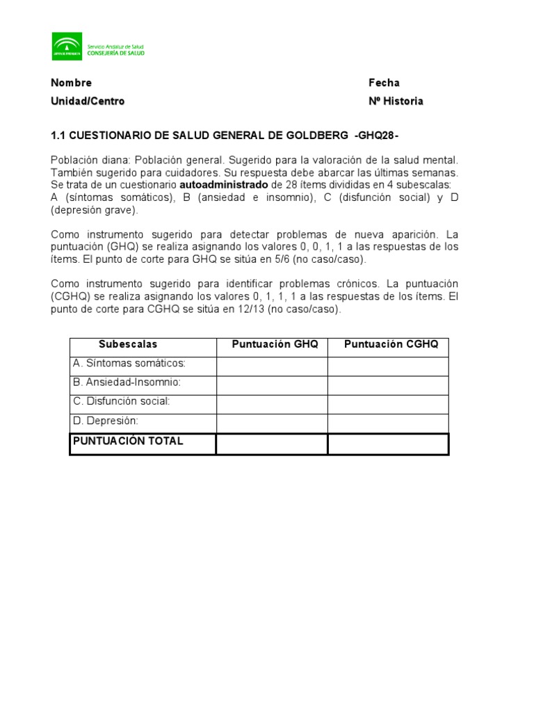 Cuestionario Goldberg | PDF | Depresión (estado de ánimo) | Ansiedad