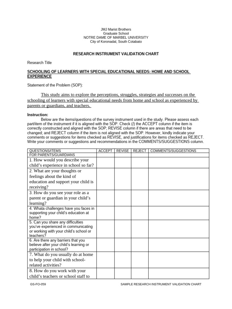 GS-FO-059 RESEARCH INSTRUMENT VALIDATION CHART | PDF | Learning ...