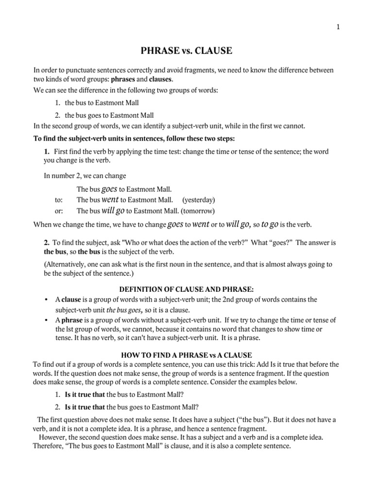 Grammar Handout Phrase Vs Clause | PDF | Clause | Phrase