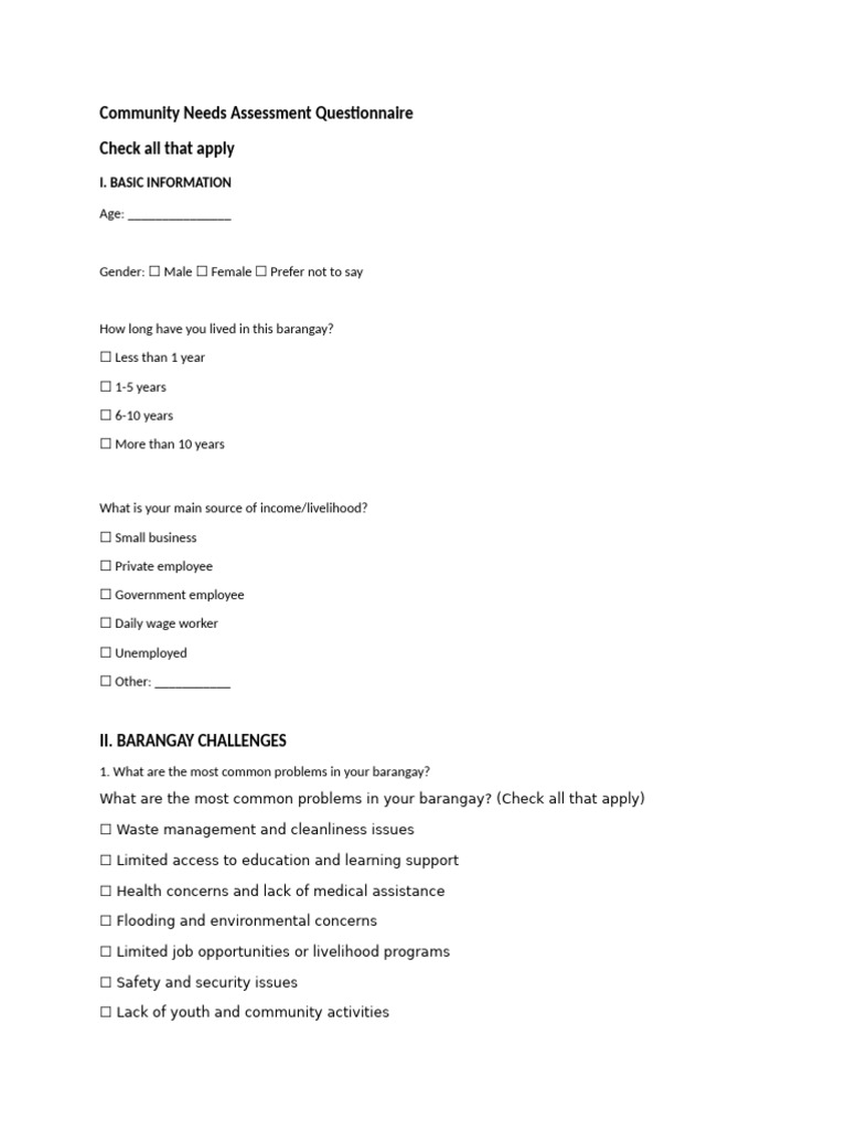 Community Needs Assessment Questionnaire | PDF | Waste Management