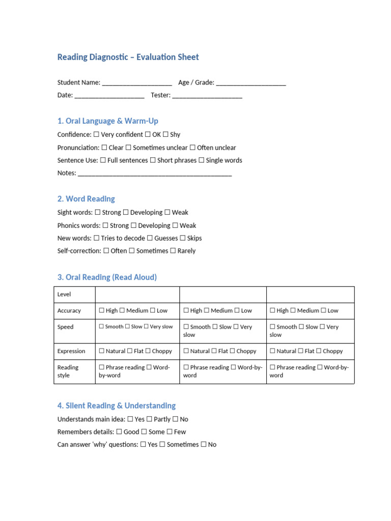 Reading Diagnostic Evaluation Sheet A2 | PDF | Written Communication ...