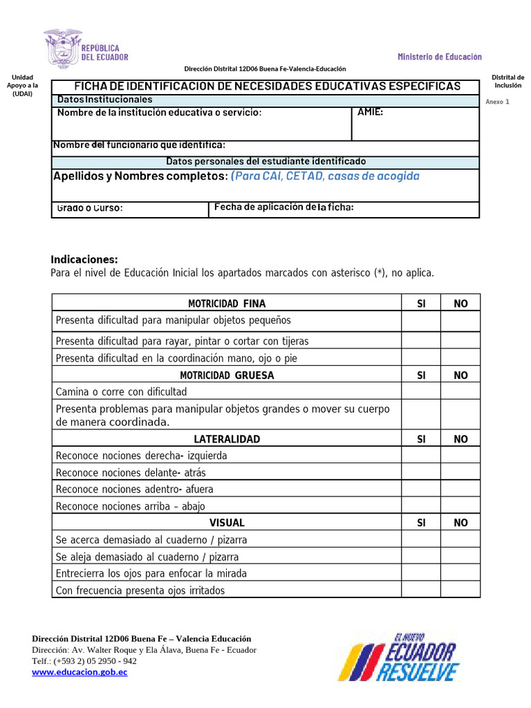 Anexo 1 Ficha de Identificacion de Necesidades Educativas Especifica | PDF