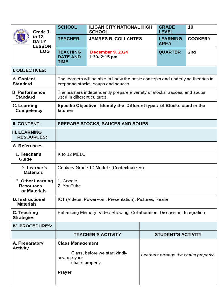 Jamres Collantes Lesson Plan | PDF | Stock (Food) | Foods