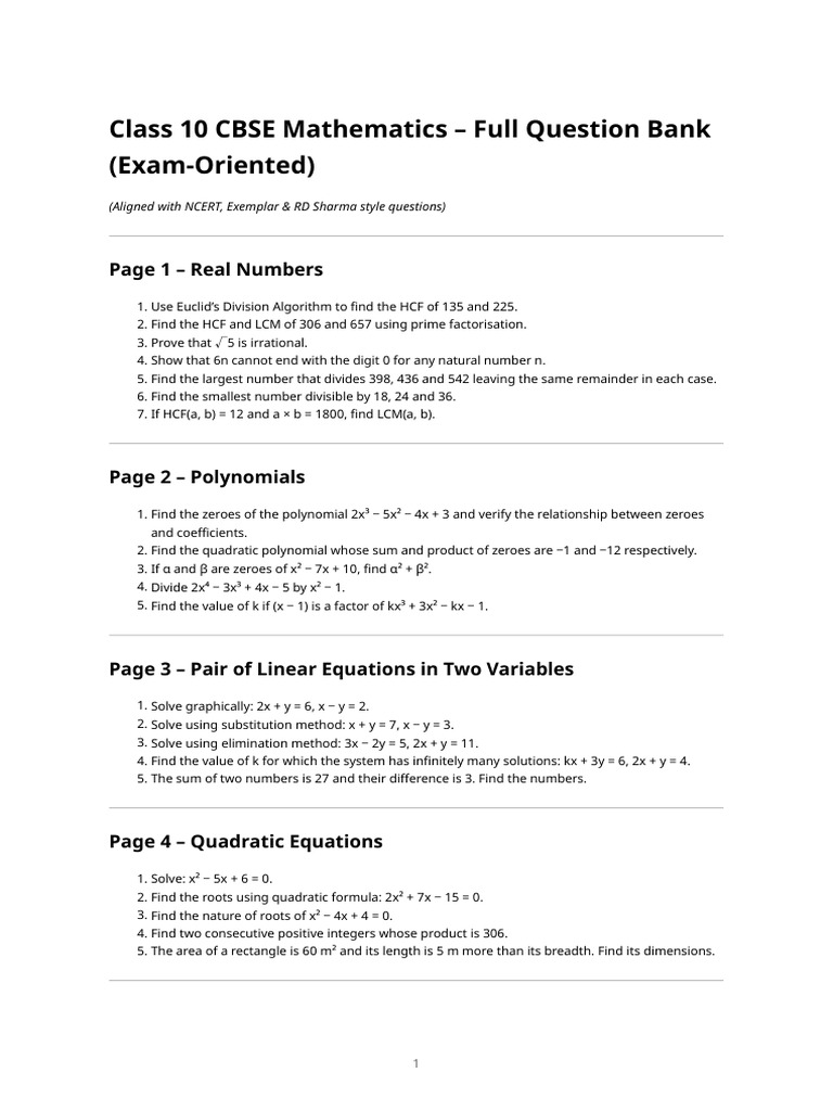 Class 10 Cbse Maths Question Bank | PDF | Circle | Area
