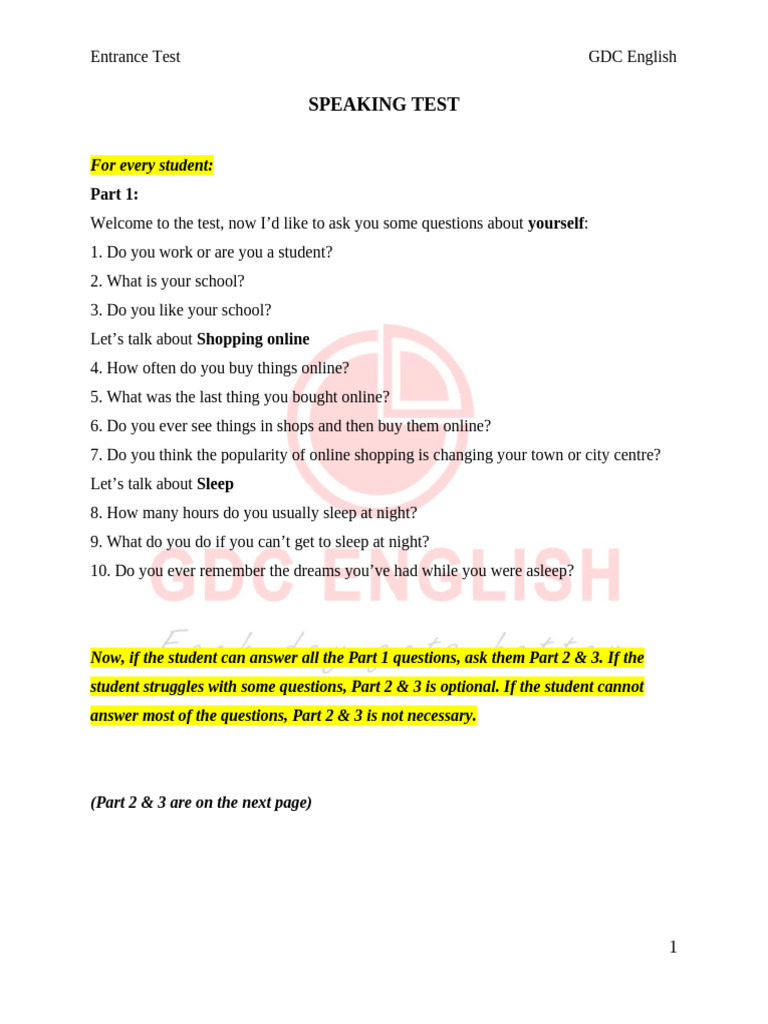 Speaking Test (All 3 Parts) | PDF