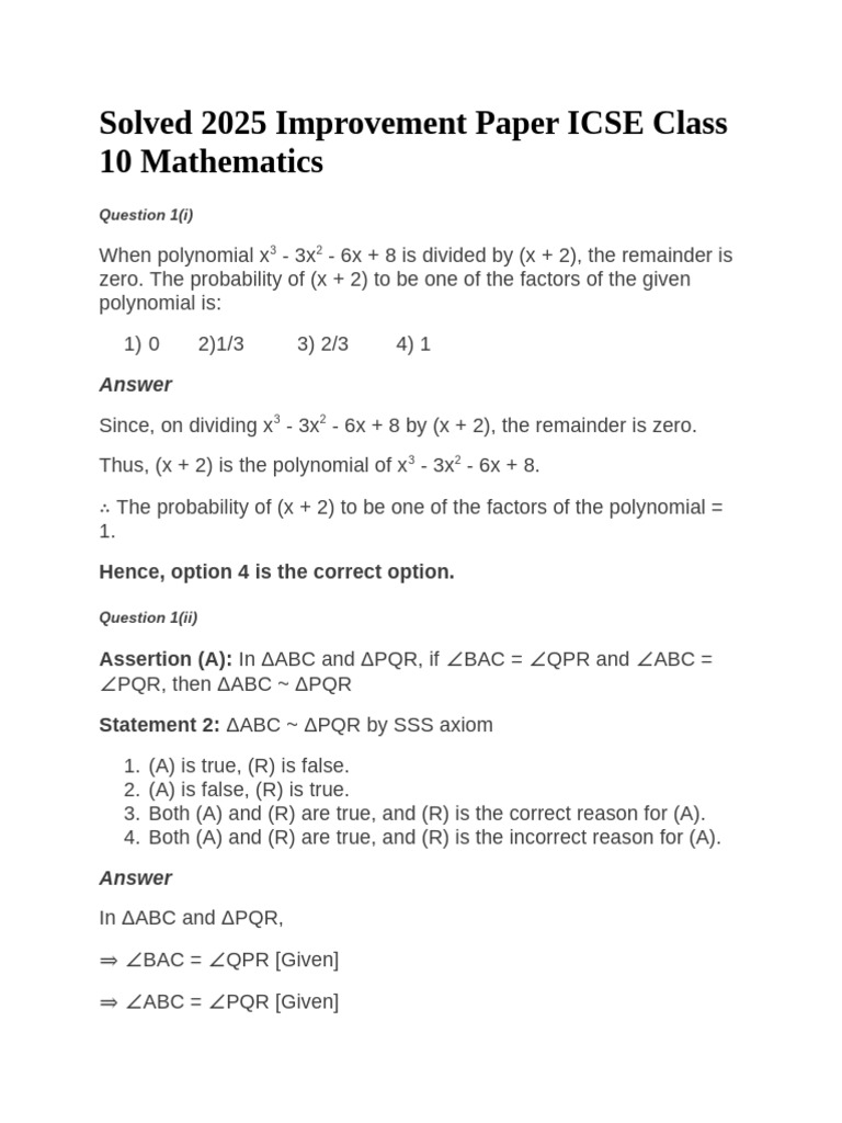 Solved 2025 Improvement Paper ICSE Class 10 Mathematics | PDF | Circle ...