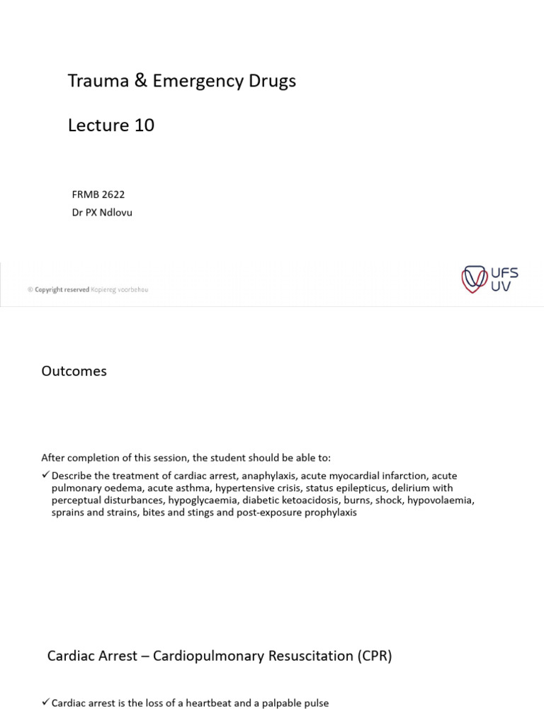 FRMB2622 Lecture 10 Trauma and Emergency Drugs | PDF | Cardiac Arrest ...