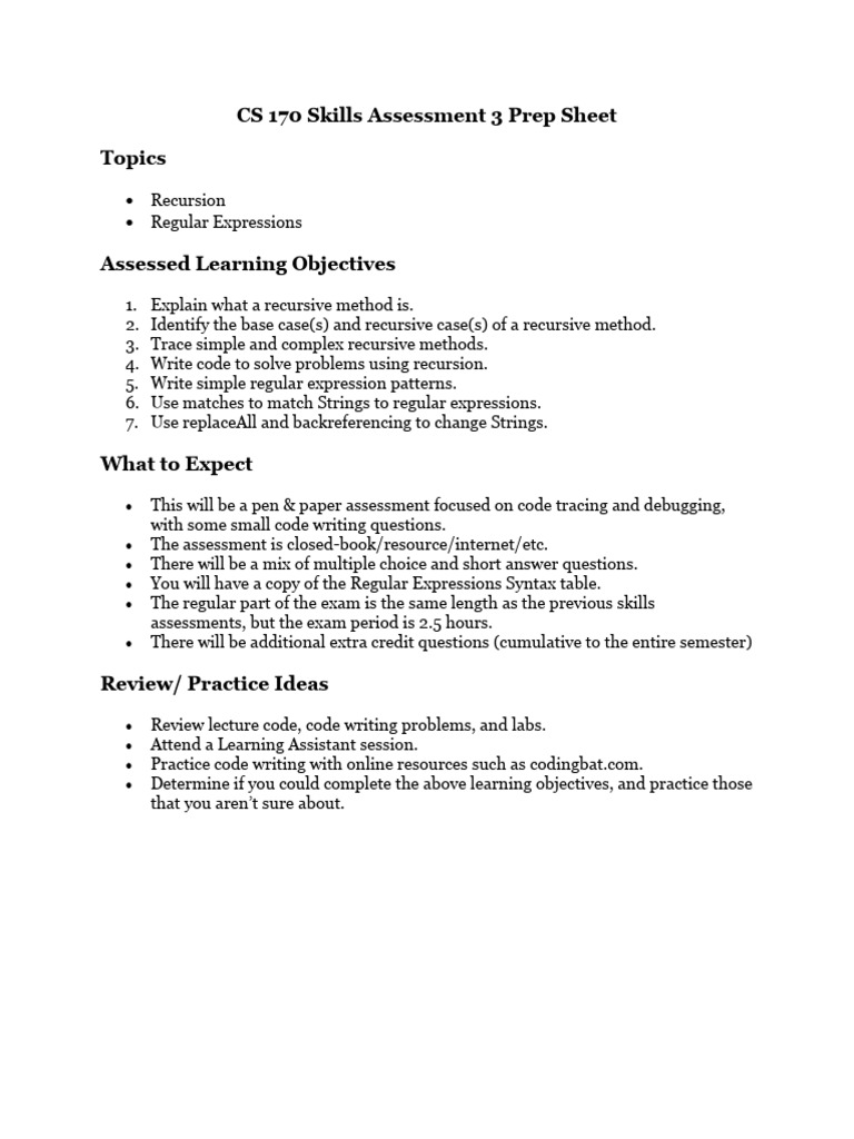 CS 170 Skills Assessment 3 Prep Sheet | PDF