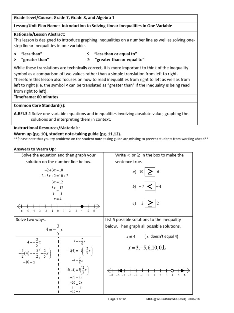 Solving Inequalities Introduction 201516 V 1 | PDF | Inequality ...