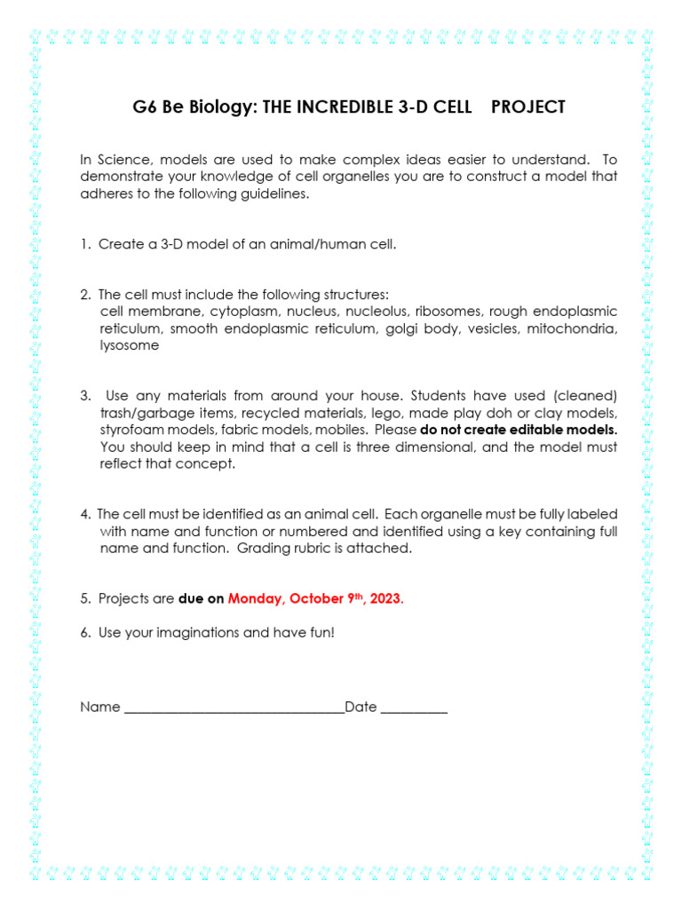 G6 Be U3 W5 6 Cell Project Rubric | PDF | Cell (Biology) | Endoplasmic ...