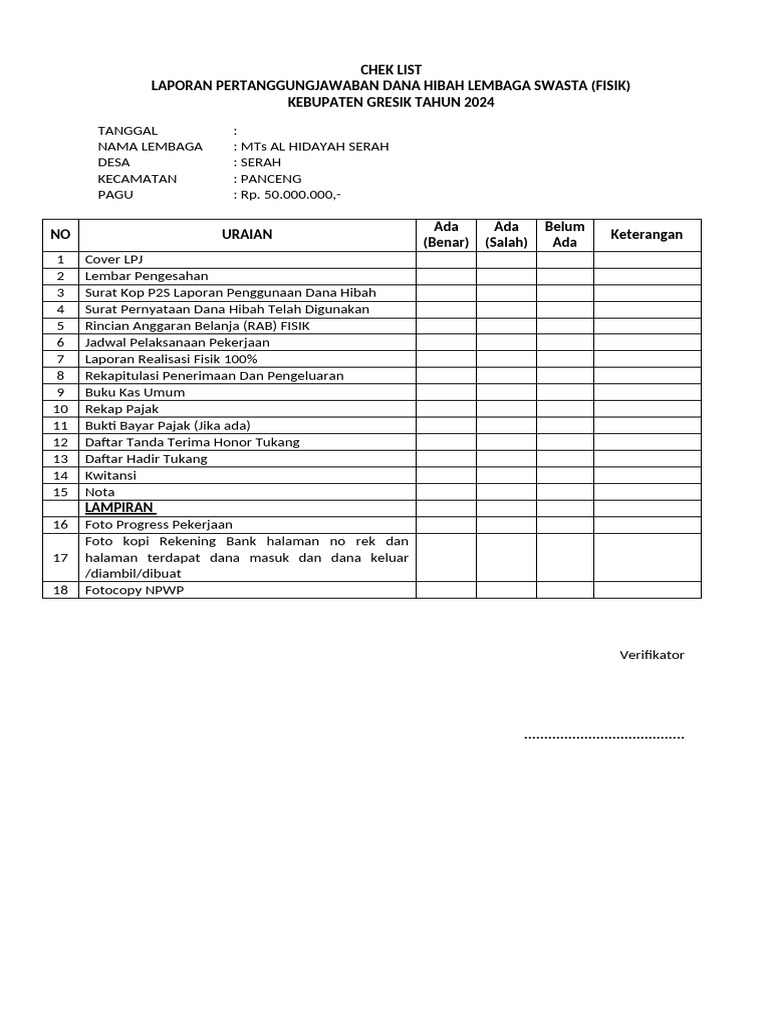 CHEK LIST LPJ Hibah | PDF