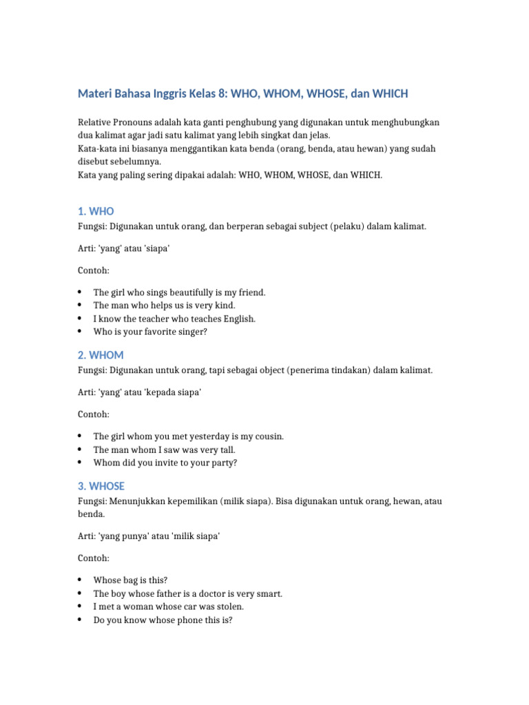 Materi Who Whom Whose Which Kelas8 | PDF | Chess | Chess Theory