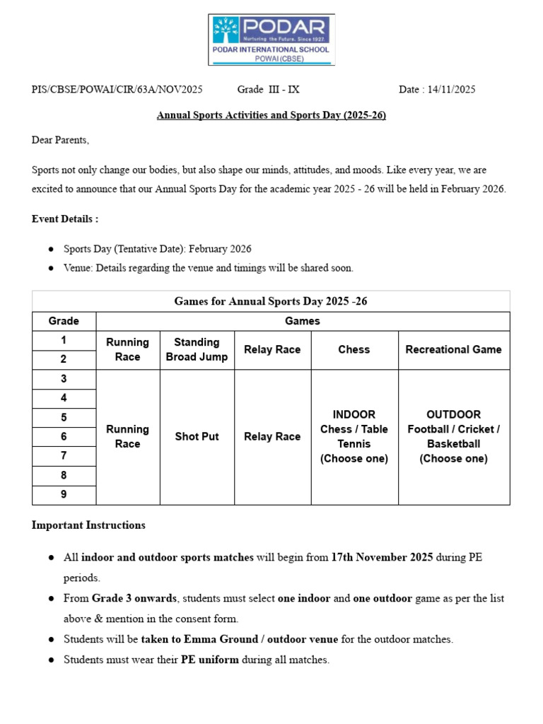 1763345733520.annual Sports Day Circular 2025 - 26 (Grade 3 To 9) | PDF