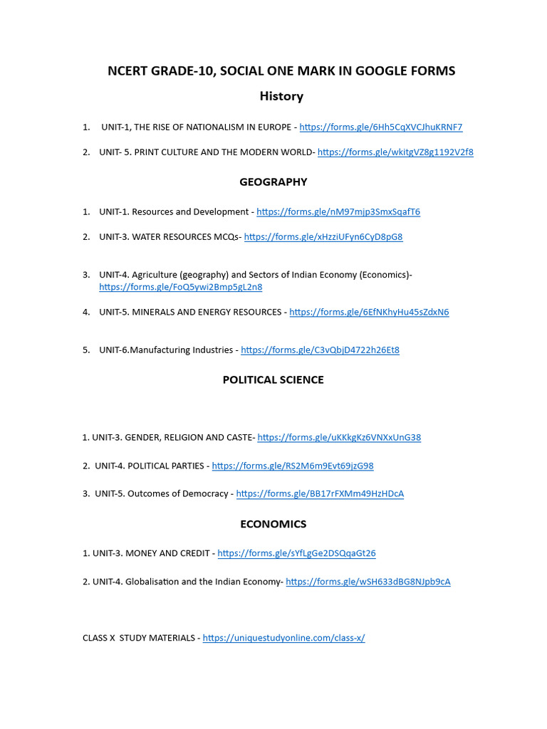 Google Forms Mcqs Grade-10 Social Cbse | PDF