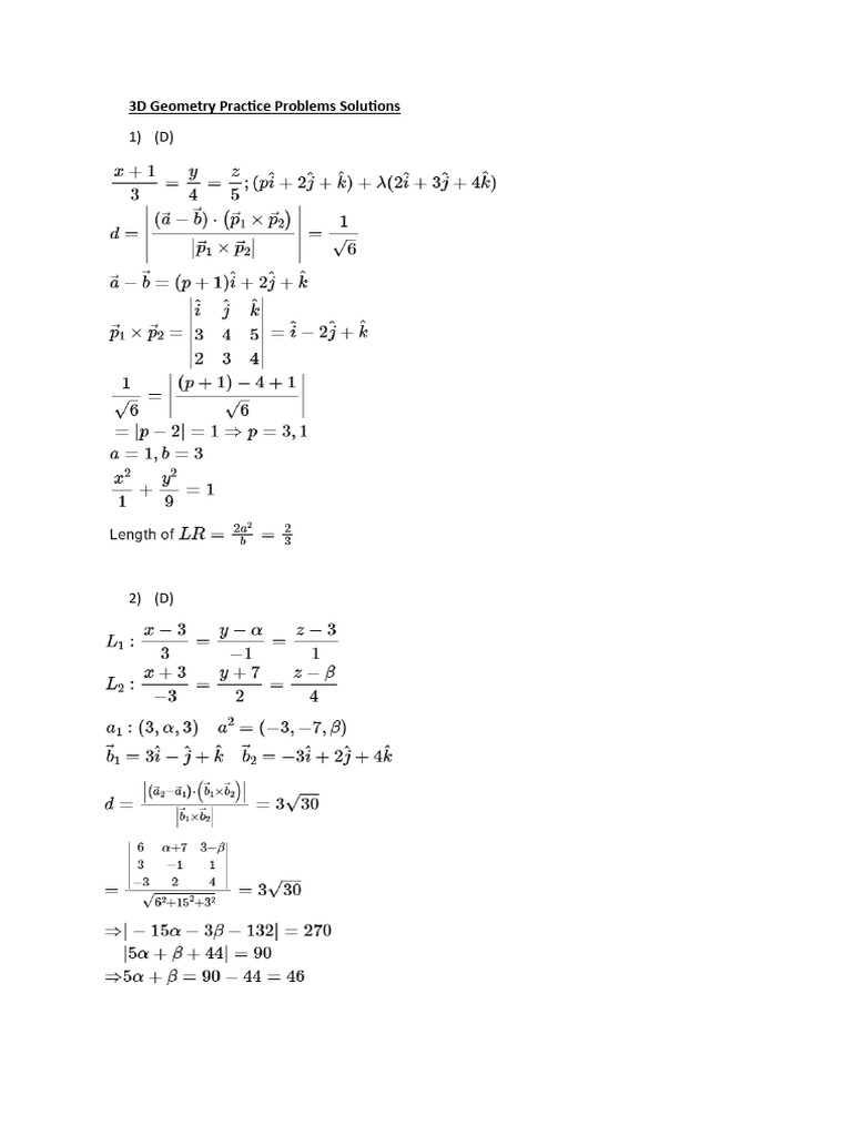 3D Geometry Practice Problems Solutions | PDF