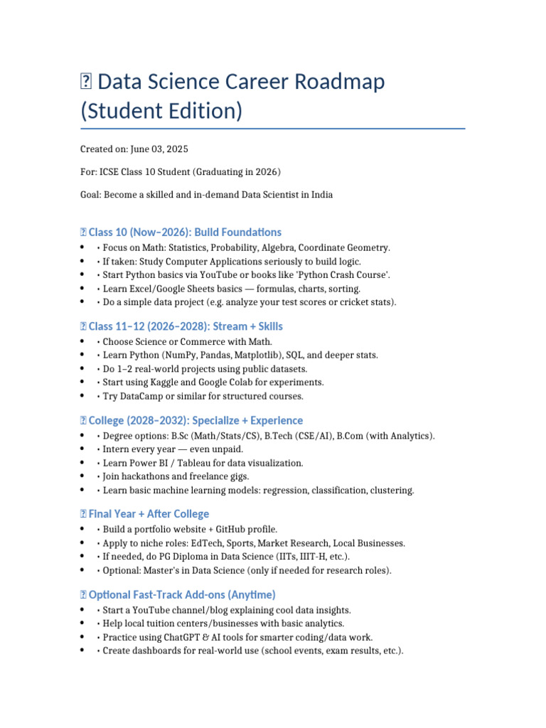 Data Science Roadmap India Student | PDF