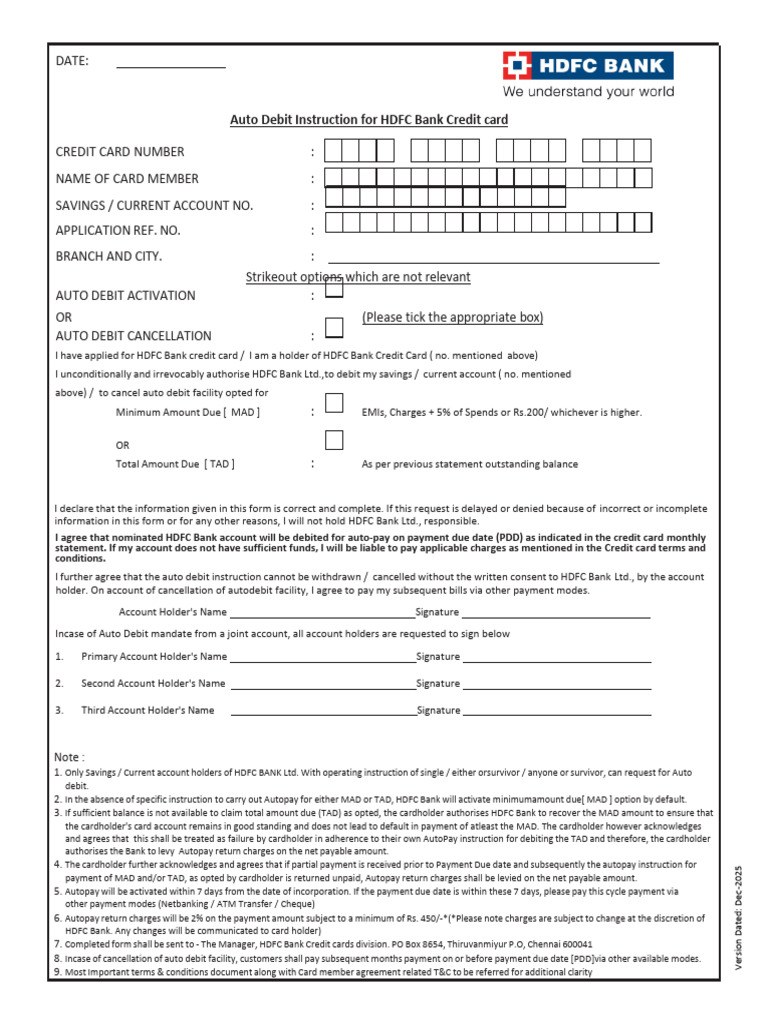 Auto Debit Instruction For HDFC Bank Credit Card | PDF | Credit Card ...