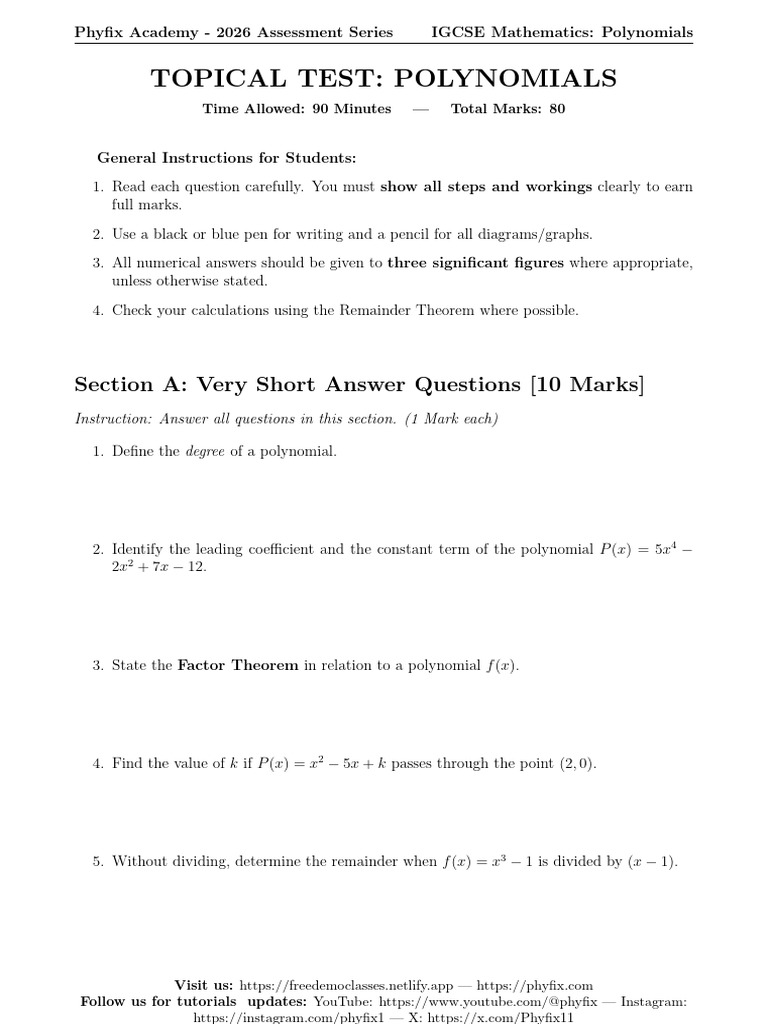 Phyfix Academy - 2026 Assessment Series IGCSE Mathematics - Polynomials ...
