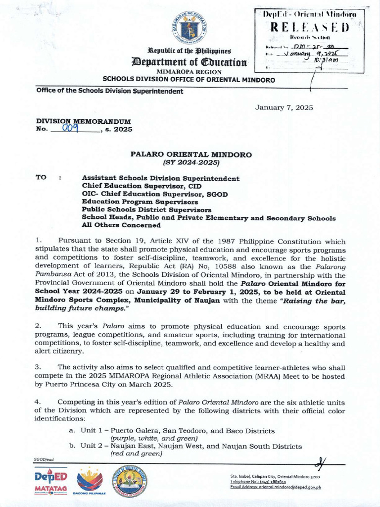DM009 Palaro Oriental Mindoro SY 2024 2025 2 | PDF