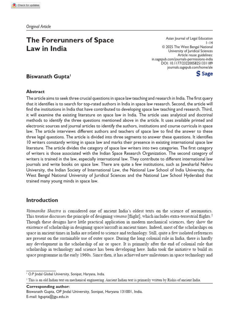 Gupta 2025 The Forerunners of Space Law in India | PDF
