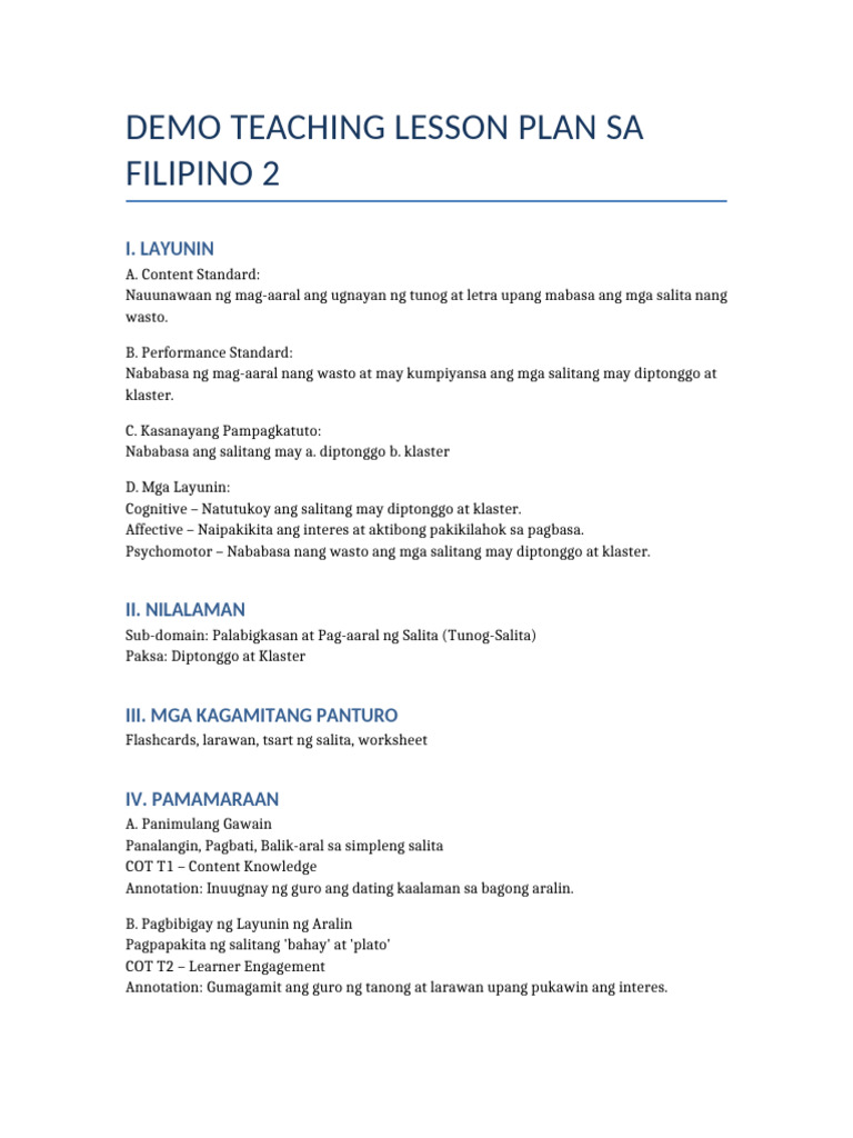 Filipino2 Demo Lesson Plan Diptonggo Klaster | PDF