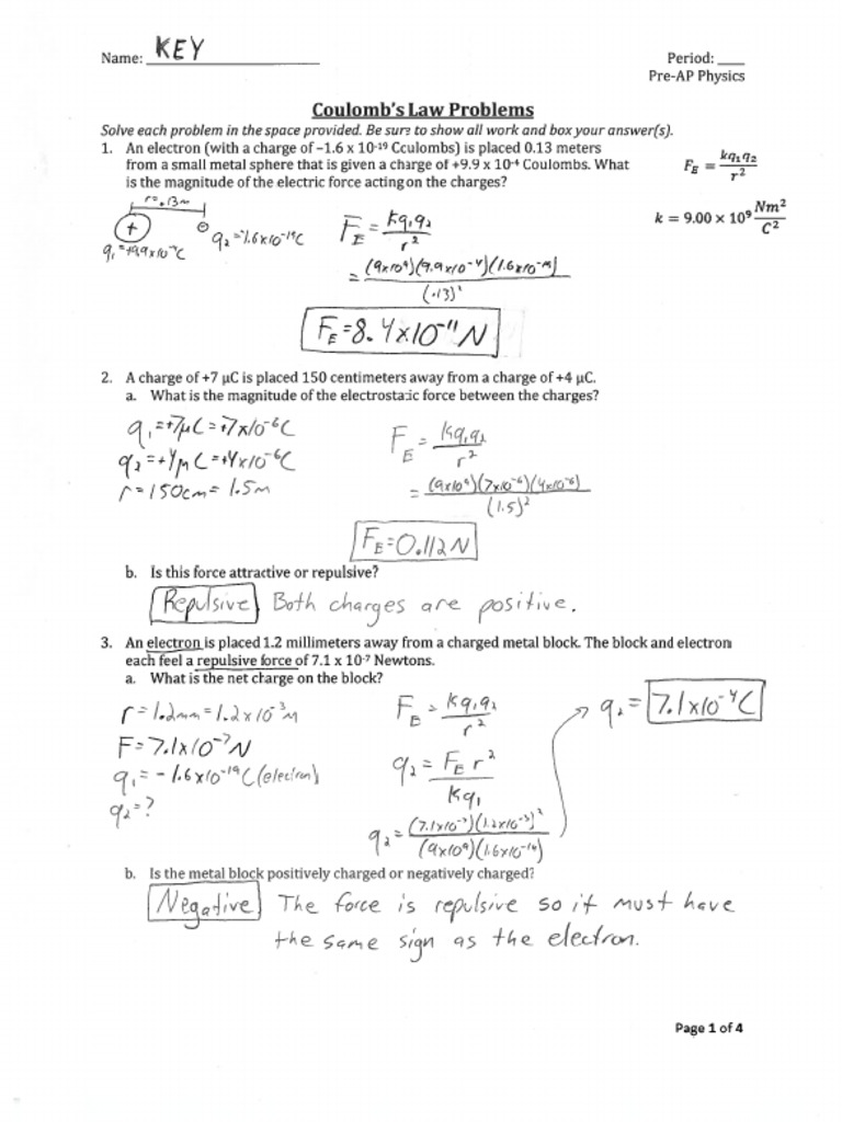Coulombs Law Problems Key | PDF