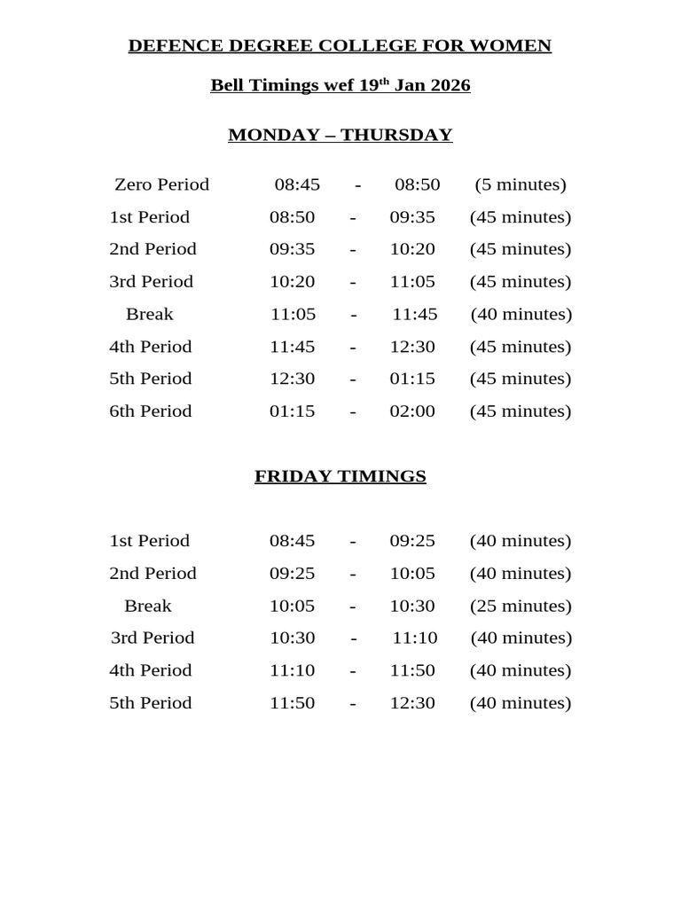BELL TIMINGS Wef 19 Jan 2026 With 40 Min Break | PDF