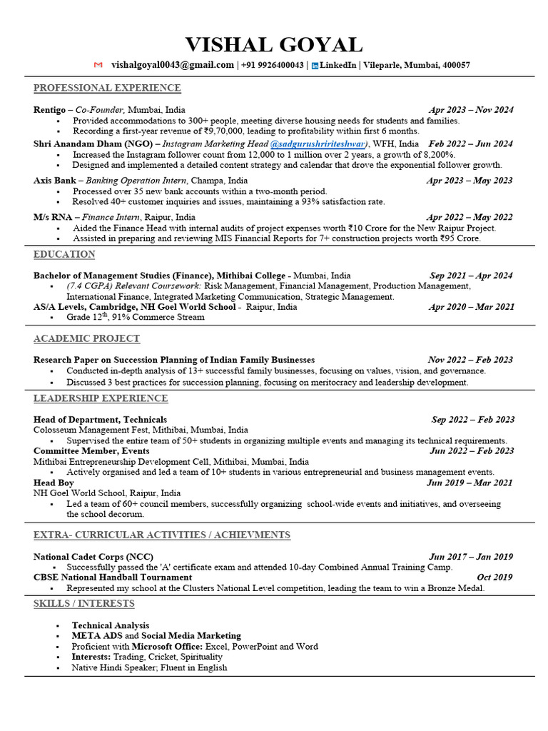 Vishal Goyal CV | PDF | Business | Economies