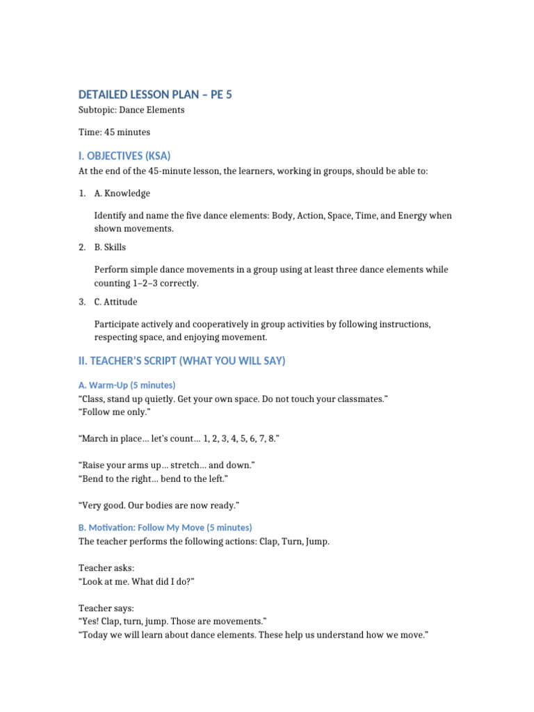 PE5 Dance Elements KSA Lesson Plan | PDF | Intelligence | Education Theory