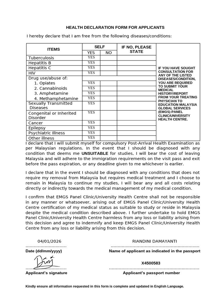 Lampiran B - Health Declaration Form For Applicant | PDF | Human ...