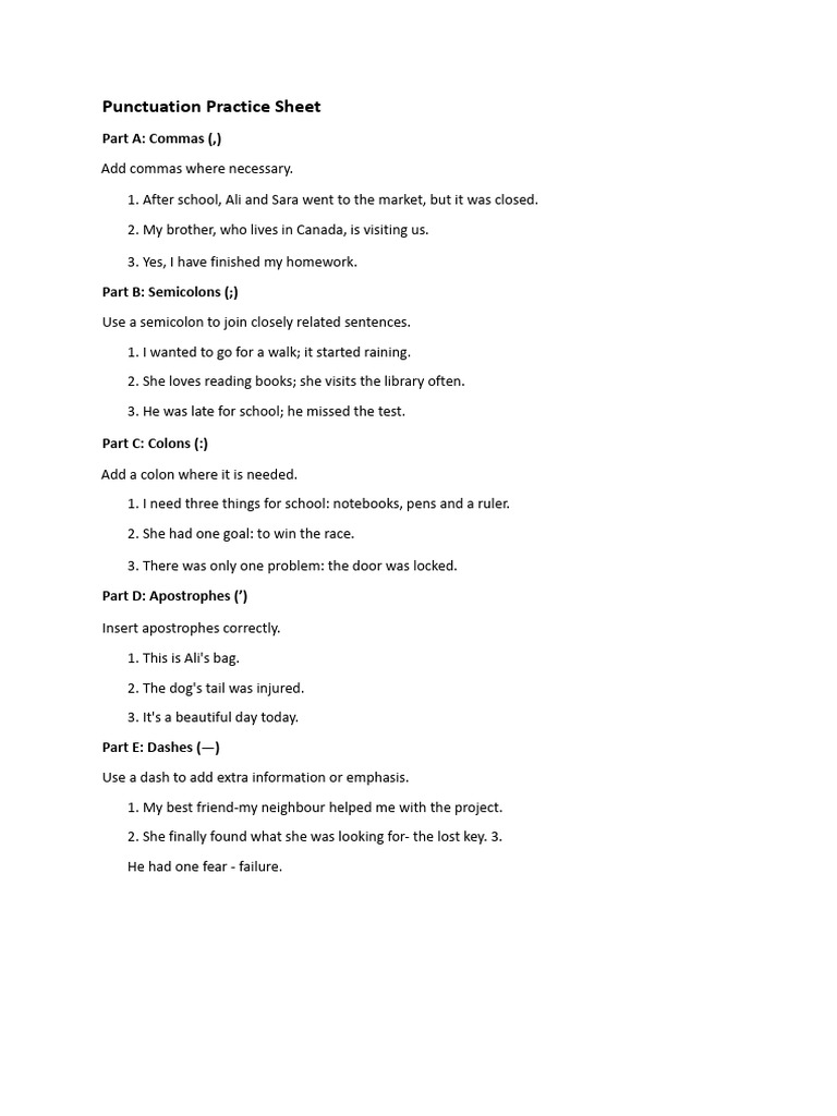 Punctuation Practice Sheet - Varied Punctuation | PDF