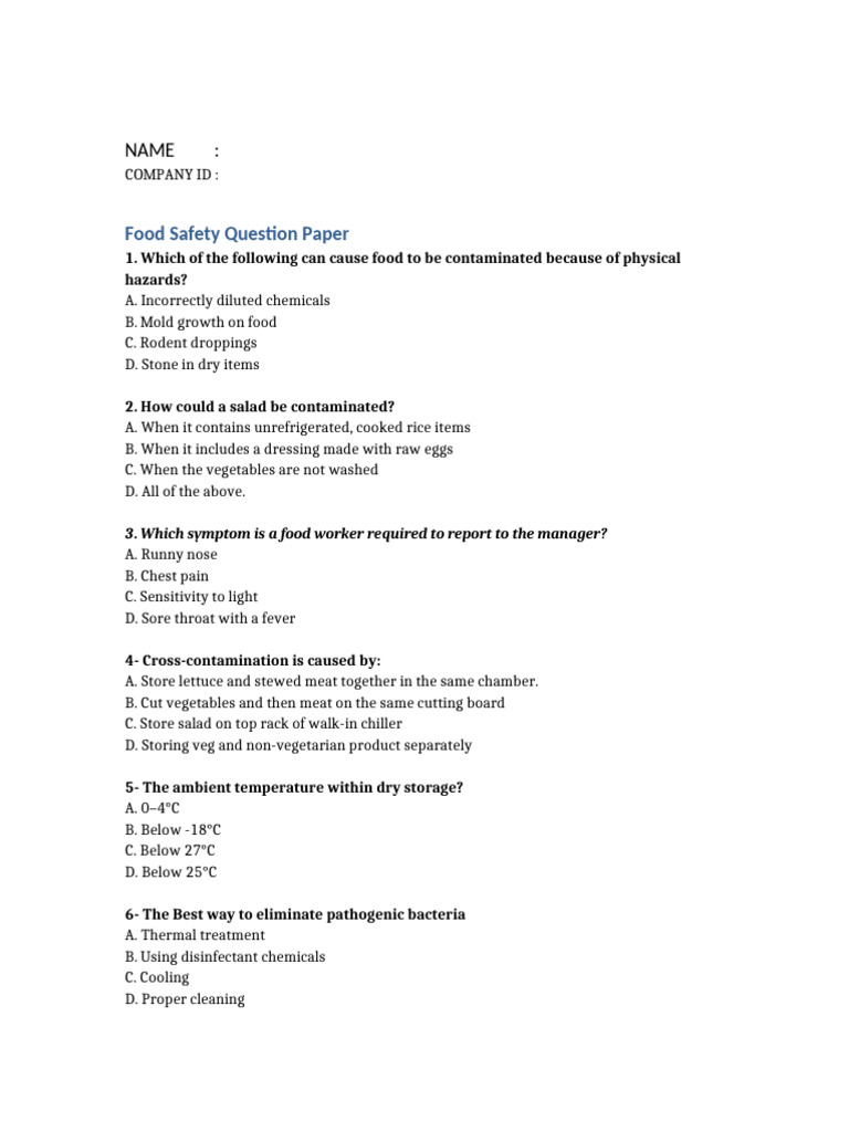 Food Safety Question Paper | PDF | Foodborne Illness | Foods