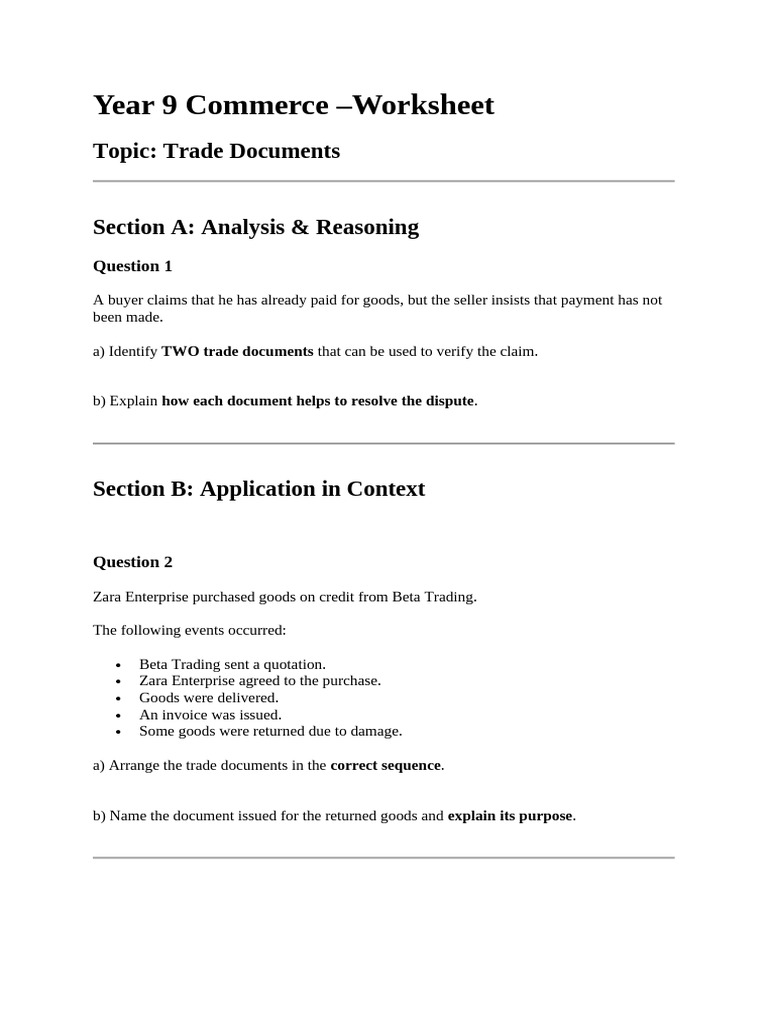 Year 9 - Worksheet On Trade Documents | PDF
