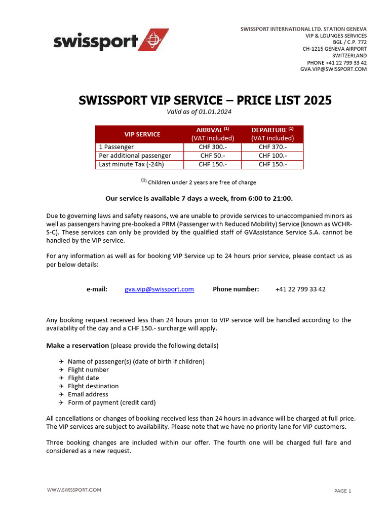 GVA Swissport VIP - Price List 2025 | PDF | Airport | Transport