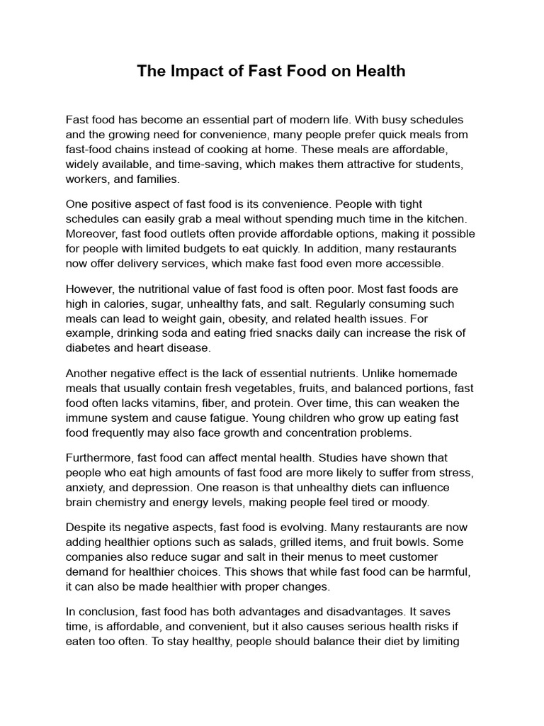 The Impact of Fast Food On Health | PDF