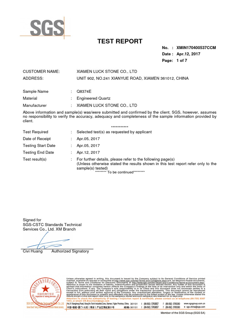 Contoh Luck-Stone Cararra-SGS-Test-Report-Fusion-Quartz | PDF | Density ...