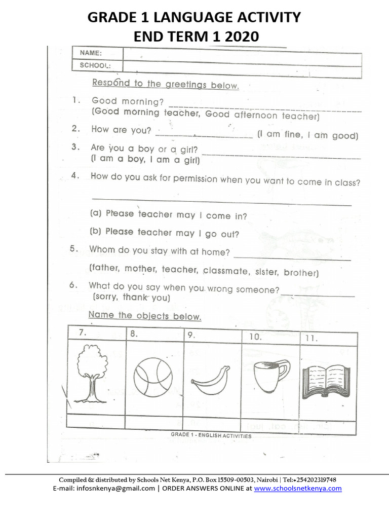 Grade 1 Language Activities End Term 1 2020.Jpg | PDF