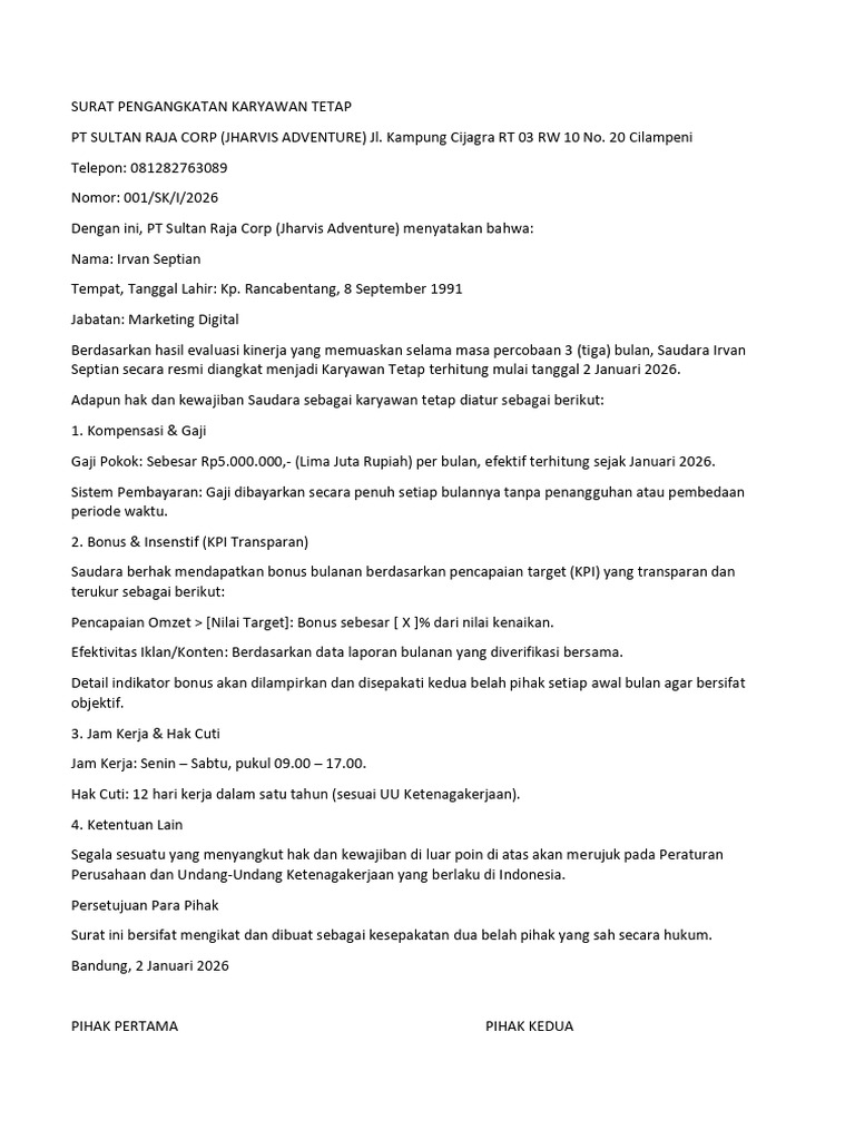 Surat Pengangkatan Karyawan Tetap - Irvan.2 | PDF