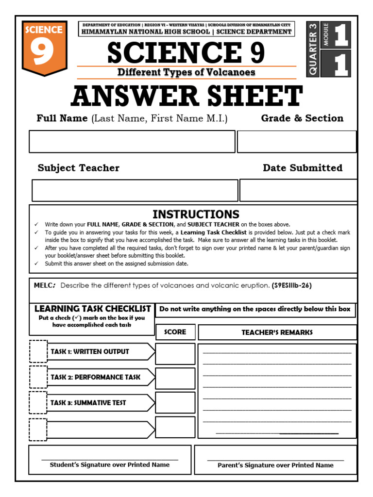 Science 9 Answer Sheet Week 1 | PDF | Volcano | Lava