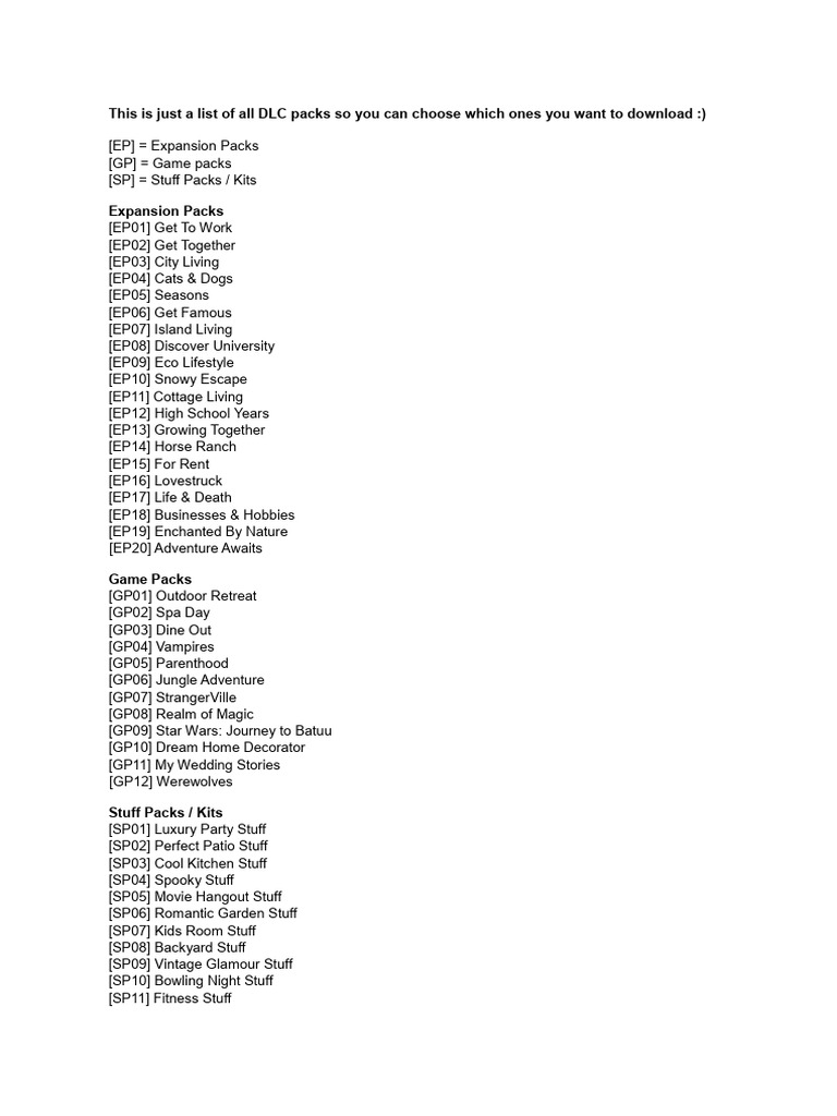 (OPTIONAL) The Sims 4 Packs Cheat Sheet | PDF | Windows Software ...