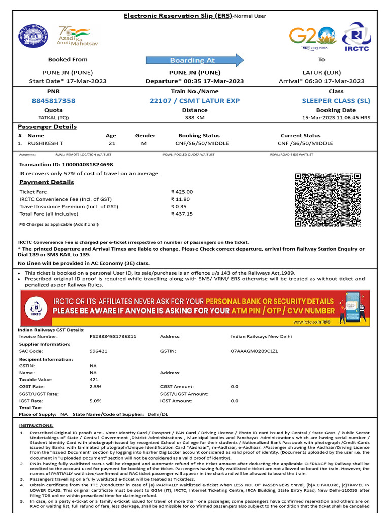 CSMT Latur Exp Sleeper Class (SL) : Electronic Reserva On Slip (ERS ...