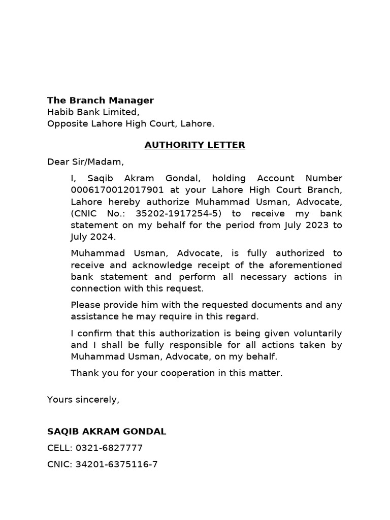 Authority Letter For Bank Statement | PDF